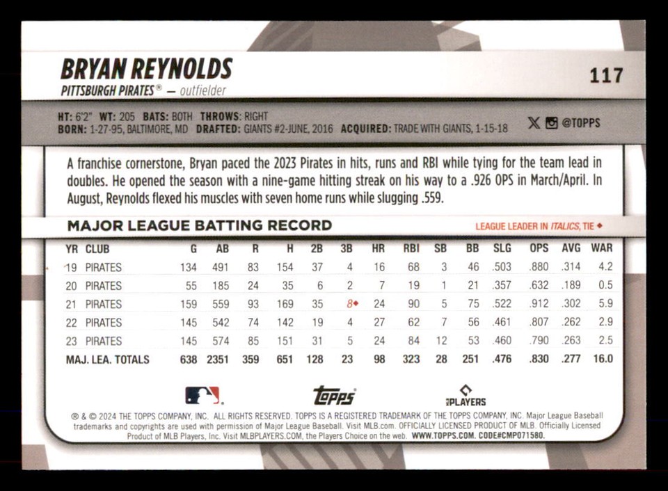 2024 Topps Big League Electric Orange #117 Bryan Reynolds Pittsburgh ...