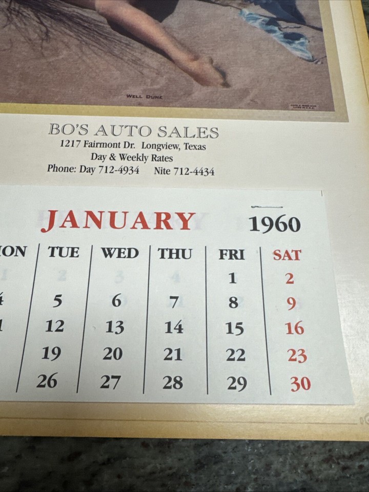 pinup girl vintage calendar Bo’s Auto Sales, Longview, Texas 1960 ...