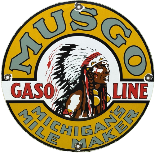 VINTAGE MUSGO GASOLINE PORCELAIN SIGN GAS STATION PUMP MOTOR OIL ...