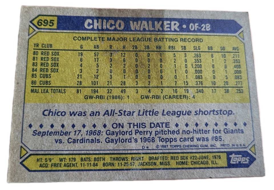 1987 Topps #695 Chico Walker Chicago Cubs MLB Baseball Card (O0 | eBay
