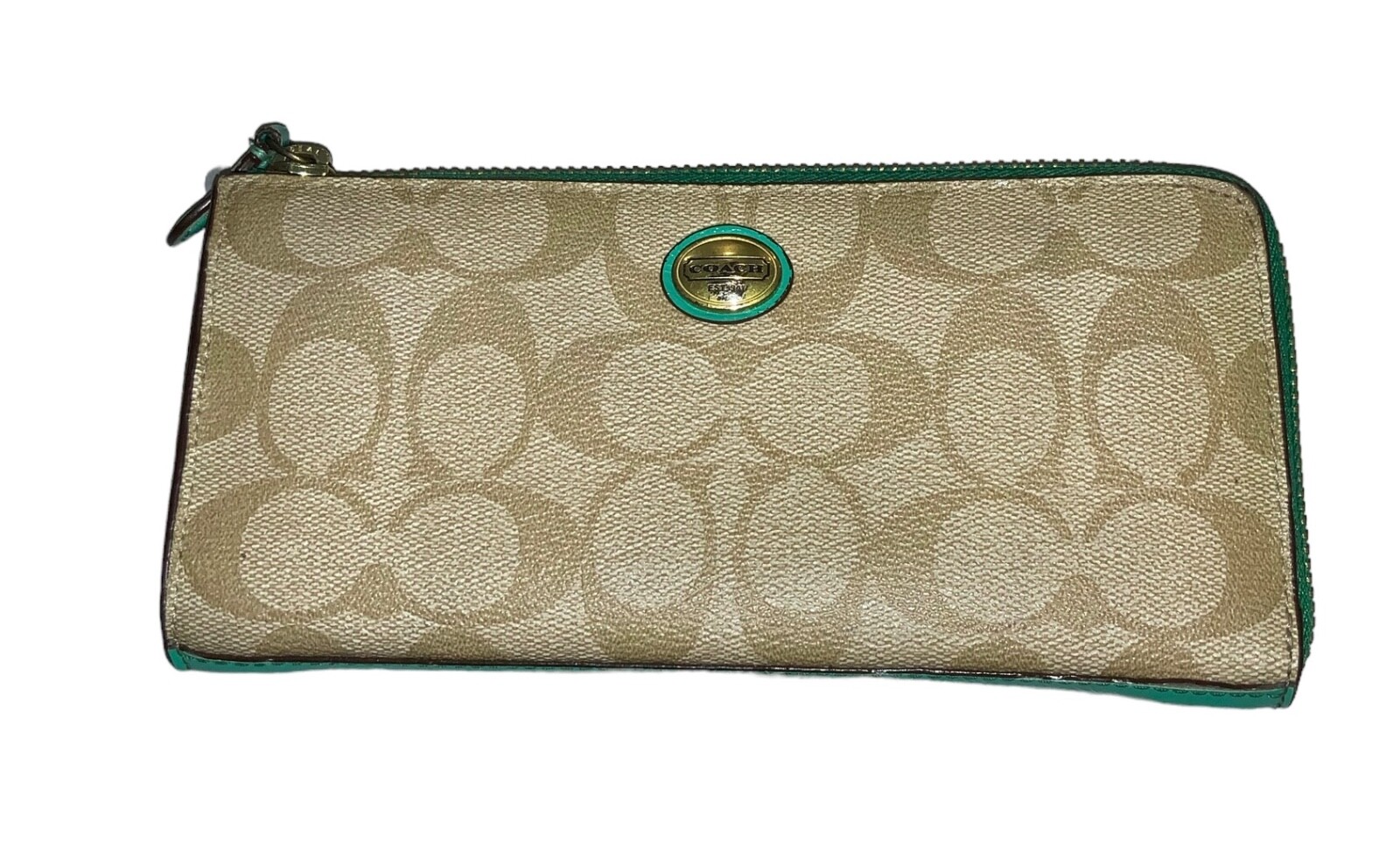 COACH Peyton Signature C Khaki/Green Trim Accordion S… - Gem