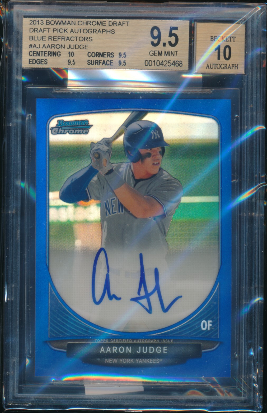 BGS 9.5/10 AARON JUDGE AUTO 2013 BOWMAN CHROME BLUE REFRACTOR #/99 RC ...