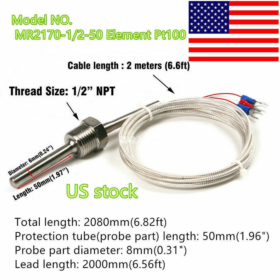 RTD Pt100 ohm Probe Sensor L 50mm PT NPT 1/2'' Thread with Insulation ...