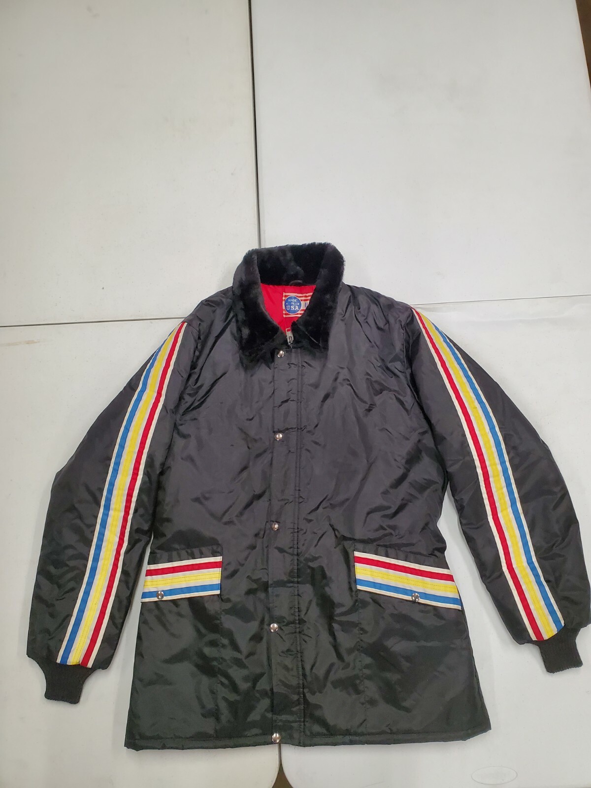 Vintage 1980s XL UPC Parka Coat Red Yellow Blue Stripes USA Made EMAR ...
