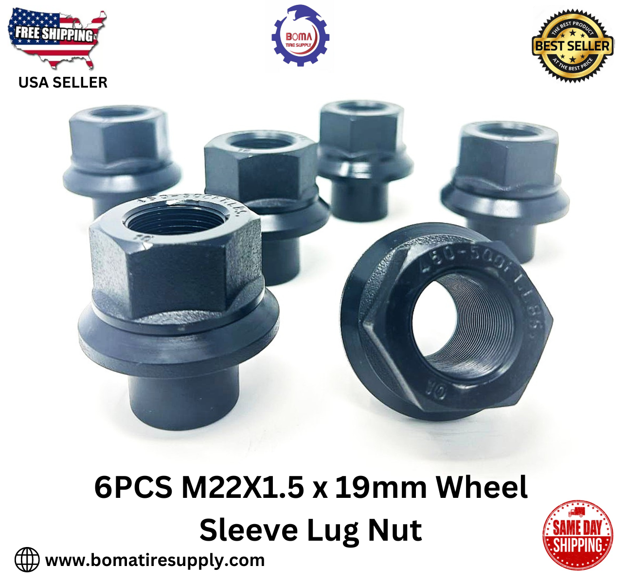 6 Pack 33mm M22x1.5 x 19mm Sleeve Wheel Lug Nuts M22-1.5x19mm Skirt ...
