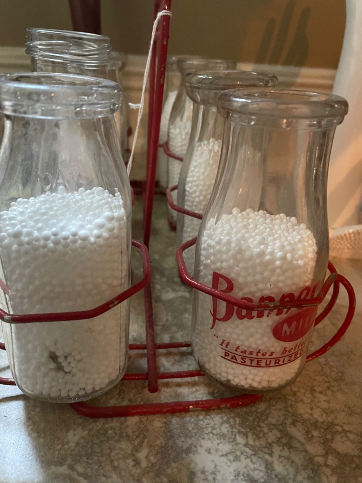Antique 8 Dairy Farm Milk Glass Bottles with Red Dairy Steel Carrier ...