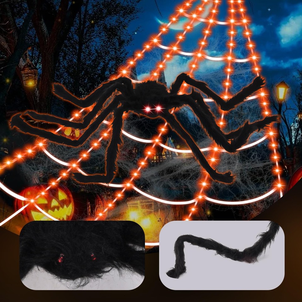 Halloween Decorations Outdoor 7m Spider Webs Lights 150 Orange Led With ...