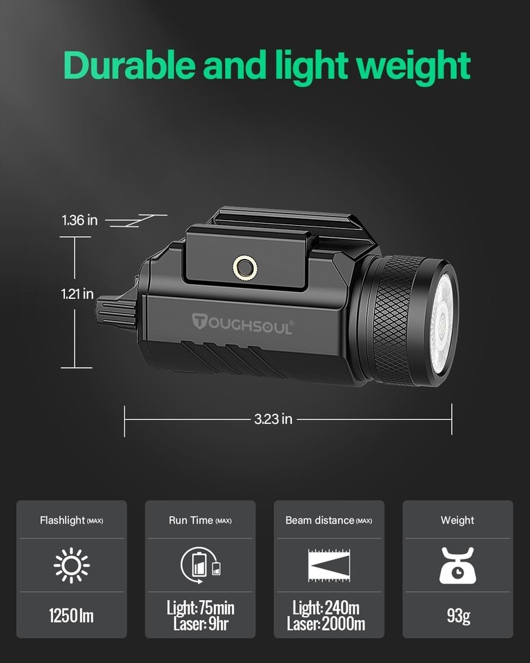 TOUGHSOUL 1200 Lumens Tactical Flashlight w/ Green Laser Picatinny ...