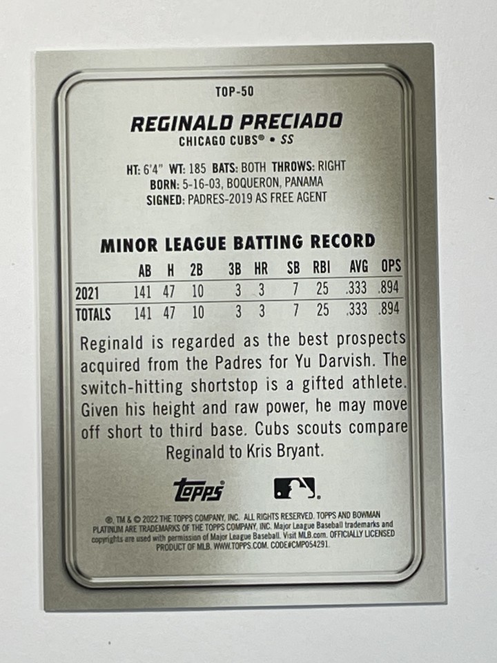 2022 Bowman Platinum Reginald Preciado #TOP-50 Emerald Ice Foilboard ...