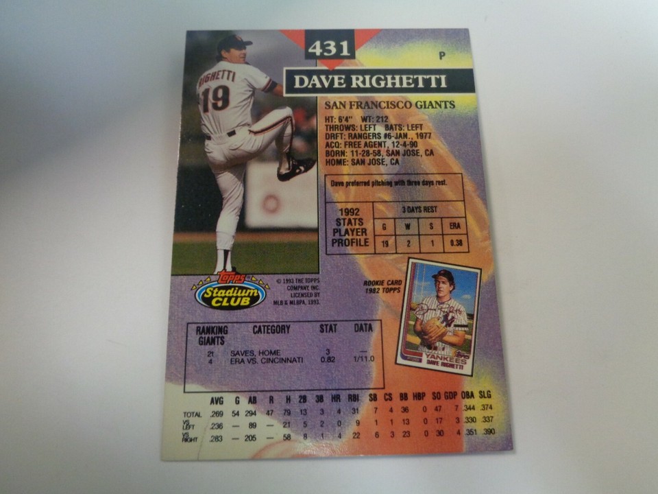 1993 Stadium Club 1st Day Production Dave Righetti Card #431 | eBay