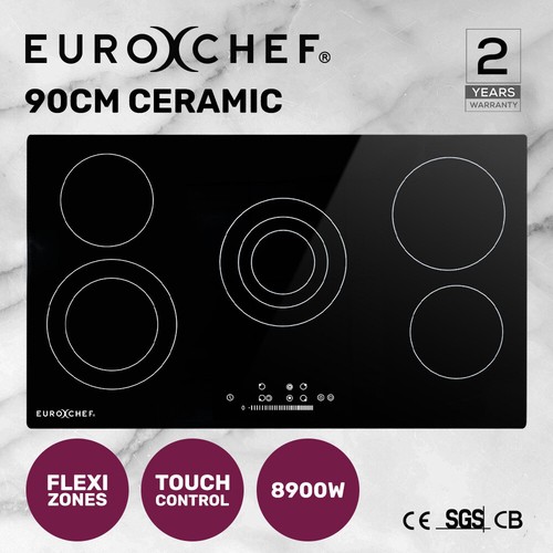 EUROCHEF 90cm 5 Zone Ceramic Cooktop 8900W Electric FlexiZone Touch ...