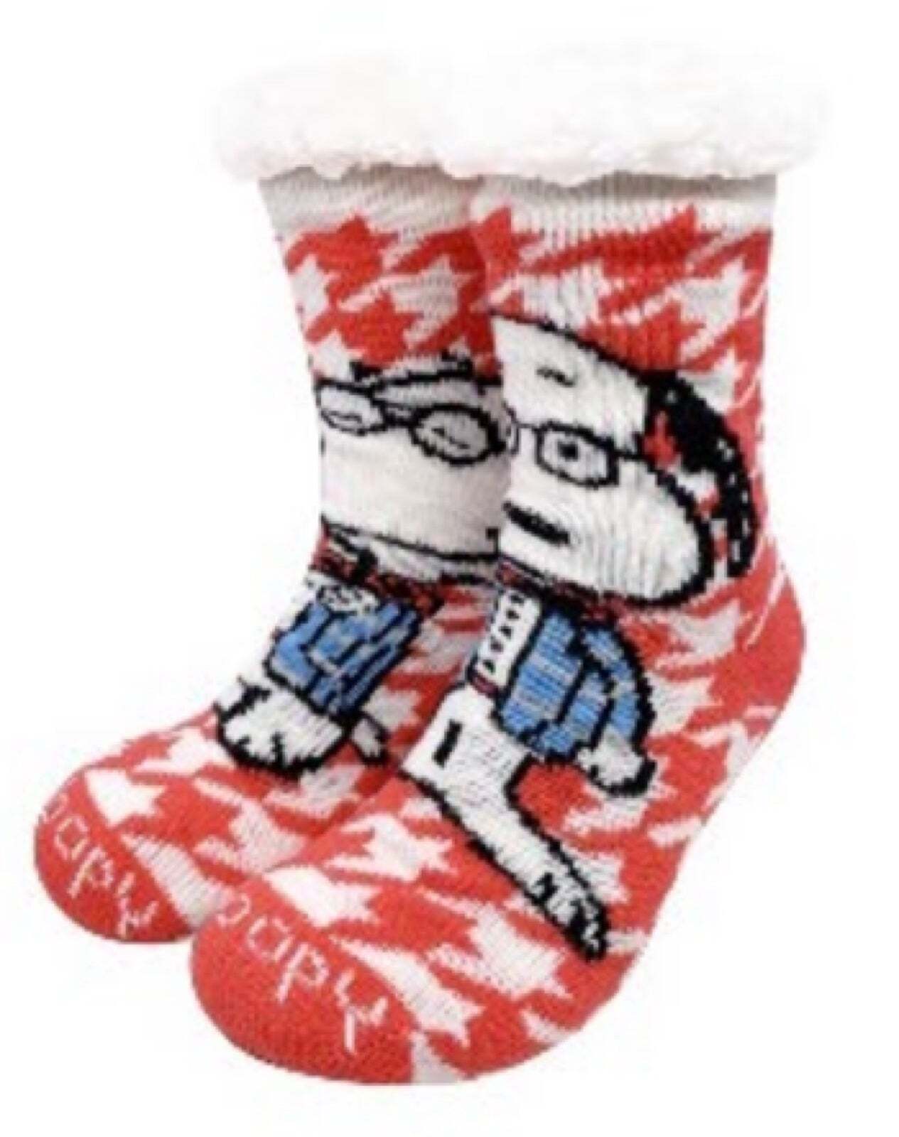Peanuts Snoopy Sherpa Lined Non-Slip Women's Red White Slipper Socks ...