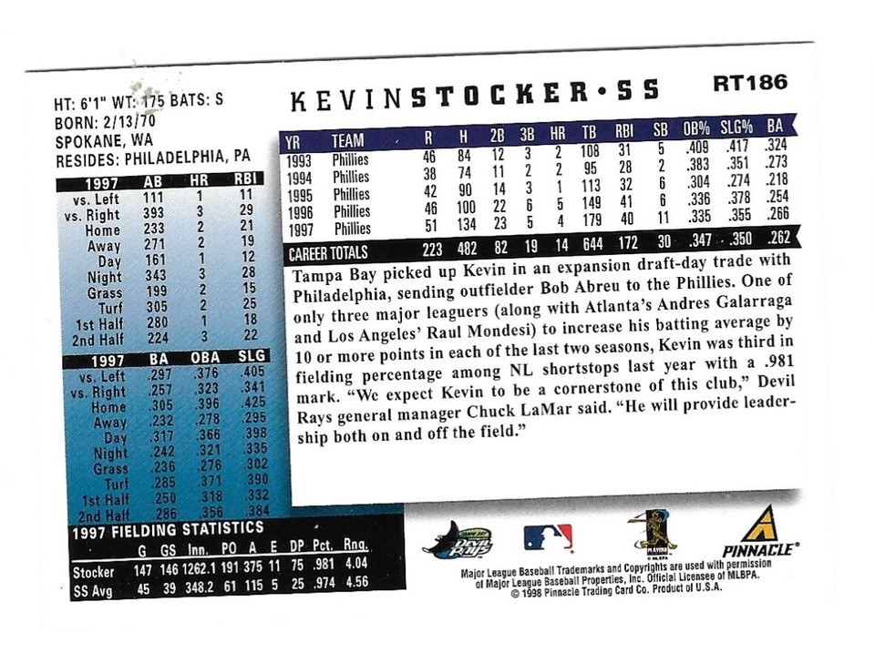 1998 Score Kevin Stocker Tampa Bay Devil Rays RT186 Baseball | eBay