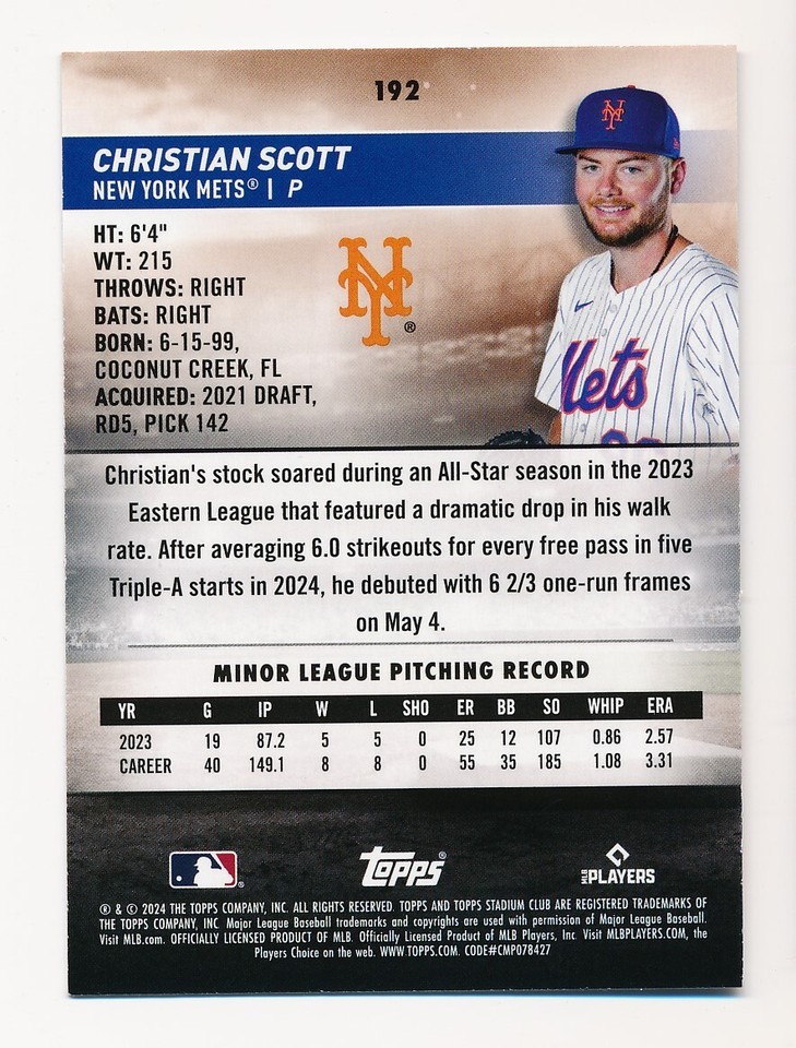 CHRISTIAN SCOTT ⚾ 2024 Topps Stadium Club RC Rookie #192 New York Mets ...
