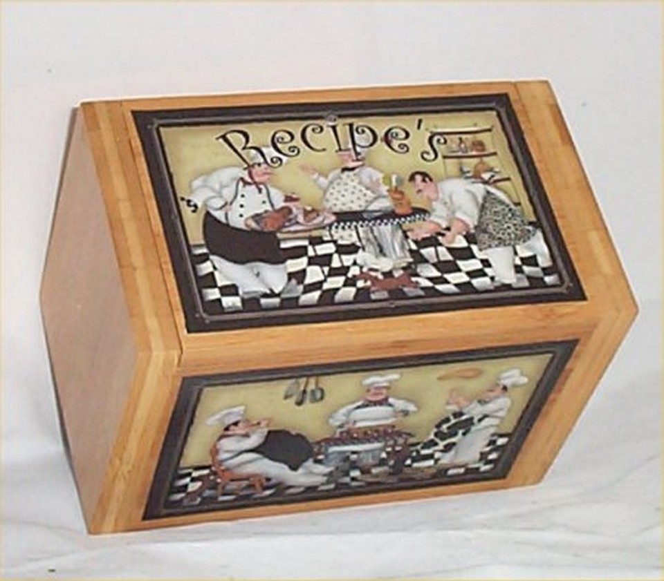 Recipe Box Fat Chef Bamboo Chef Bistro Waiter Kitchen Decor Blk Chefs ...
