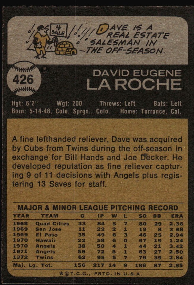 1973 Topps Dave LaRoche #426 Chicago Cubs | eBay