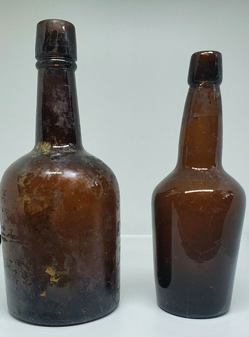 (2) ANTIQUE 1880'S LIQUOR BOTTLES AMBER 10" APPLIED TOP CRUDE NICE ...