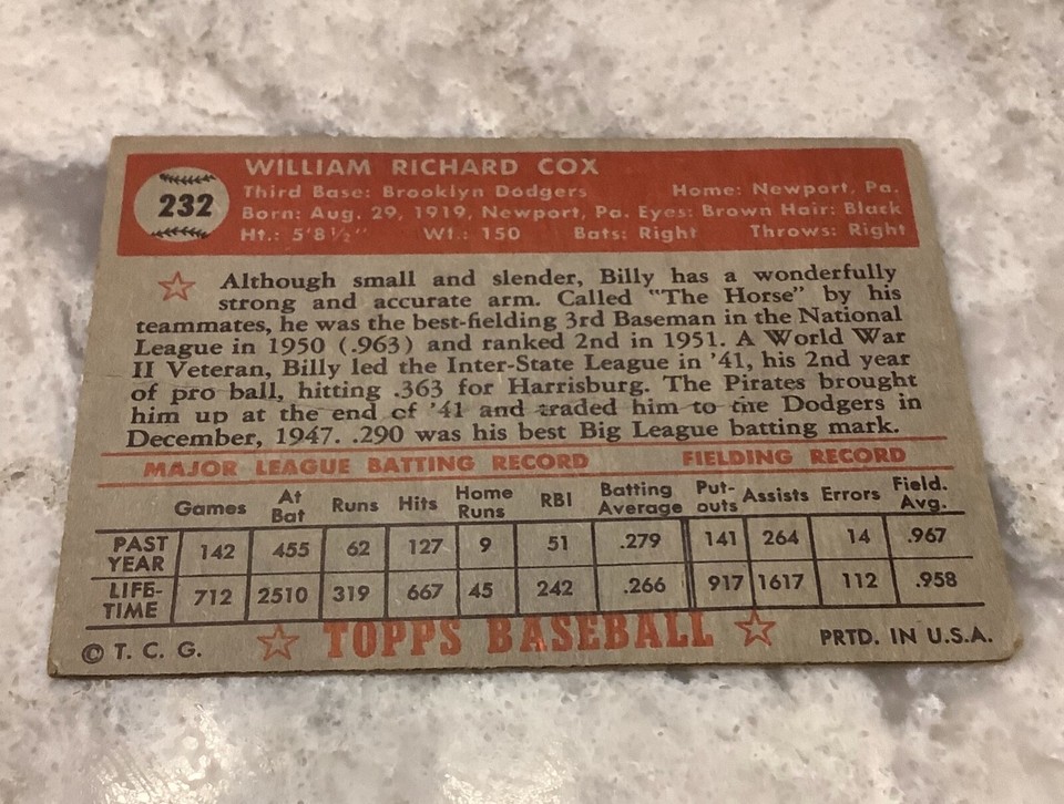 1952 Topps #232 Billy Cox Brooklyn Dodgers | eBay