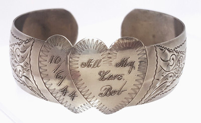 WW2 Sweetheart Sterling Silver Engraved Cuff Bracelet Hearts ...