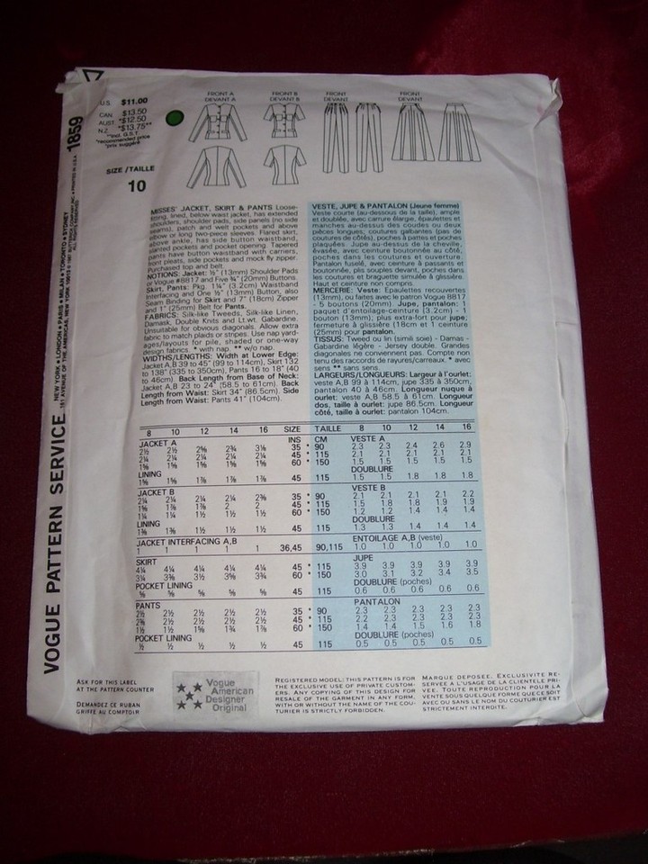 🌹VOGUE #1859-AMERICAN DESIGNER CALVIN KLEIN JACKET-SKIRT & PANTS ...
