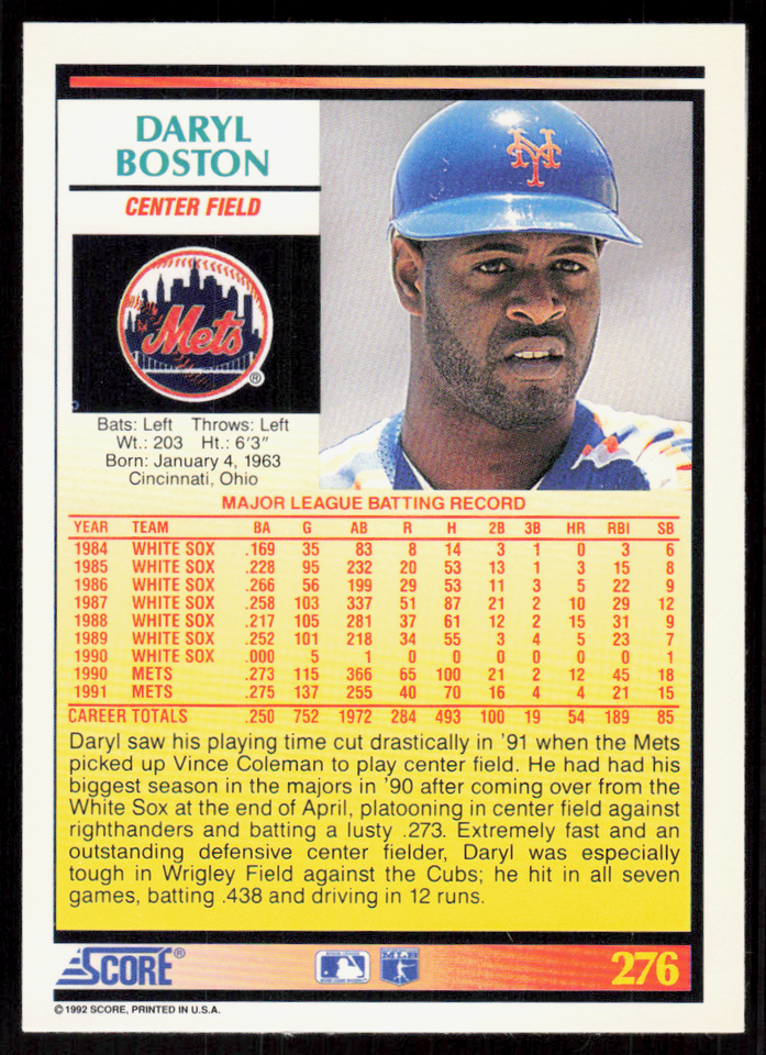 1992 Score 276 Daryl Boston New York Mets | eBay