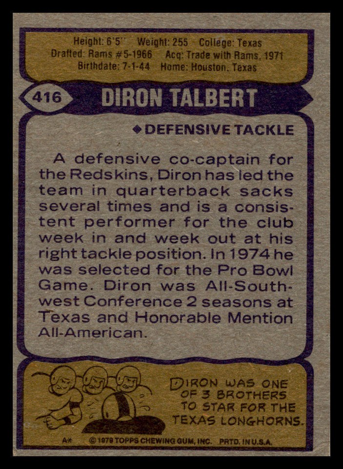 1979 Topps Diron Talbert #416 Washington Redskins | eBay