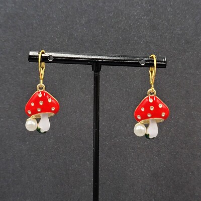 Mushroom Pierced Earrings Faux Pearl Enamel Red White Polka Dot Dangle ...