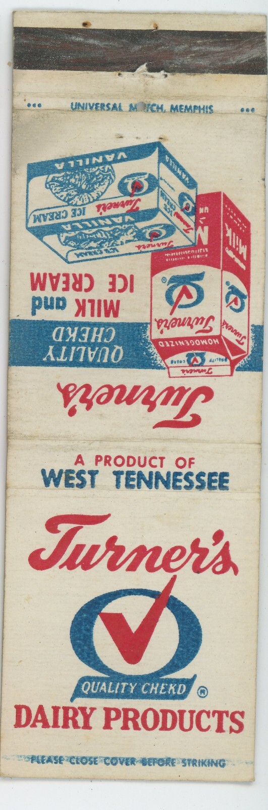 Turner's Dairy Products WEST TENNESSEE Milk Antq Matchbook Cover D-6 | eBay
