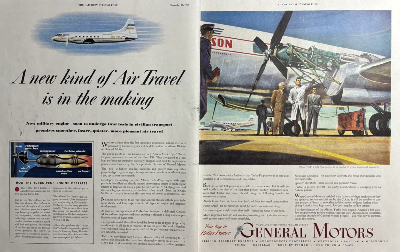 General Motors Air Travel 501 Turbo Prop Engine Better Power VTG Print ...