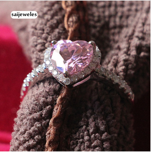 14K White Gold Over 2CT Heart Shape Pink Sapphire Heart Halo Engagement ...
