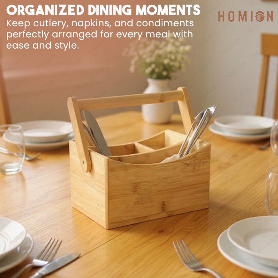 4 Compartment Bamboo Cutlery Caddy Utensil Rack Condiments Holder ...