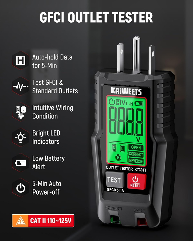KAIWEETS GFCI Outlet Tester with LCD Display, 3-Prong Receptacle Wiring ...