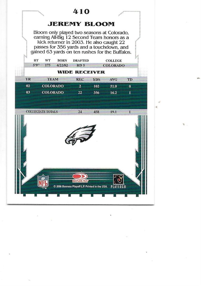 Jeremy Bloom 2006 Score Select Rookie Football Card #410 Philadelphia ...