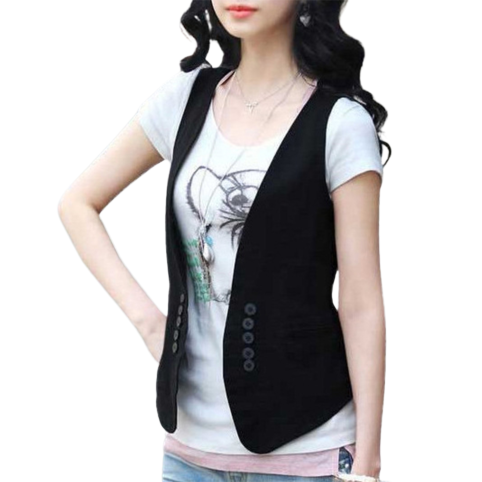 Women Vest All-match Pure Color Cardigan Style Suit Vest Simple ...