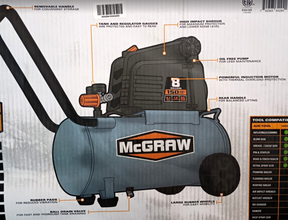 McGraw 8 Gallon Oil Free Portable Air Compressor | eBay