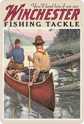 Winchester Fishing Tackle Old Advertising All Metal Tin Sign up to 12 x ...