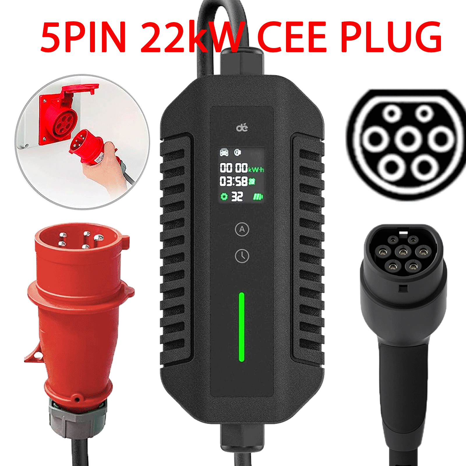 Mobile Wallbox EV 22kW Typ2 Ladekabel 7m 6-32A 3Phasig EV CEE 5polig m ...