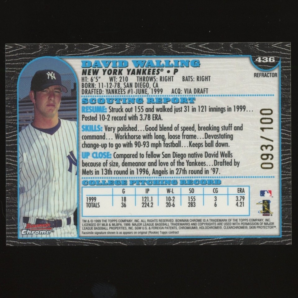 1999 Bowman Chrome #436 David Walling Rookie RC International Refractor ...