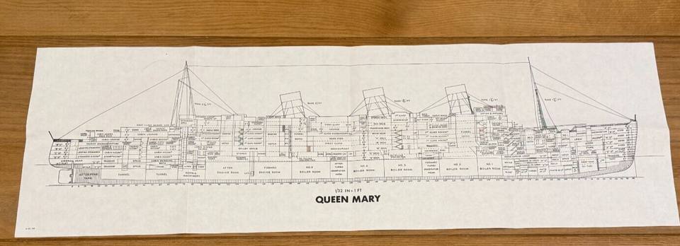 Vintage RMS Queen Mary Ocean Liner Deck Plan Print 90cm x 28cm Unframed ...