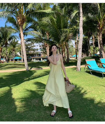 Women Lazy Wind Backless Fashion Sexy Light Yellow Dress Long Loose ...