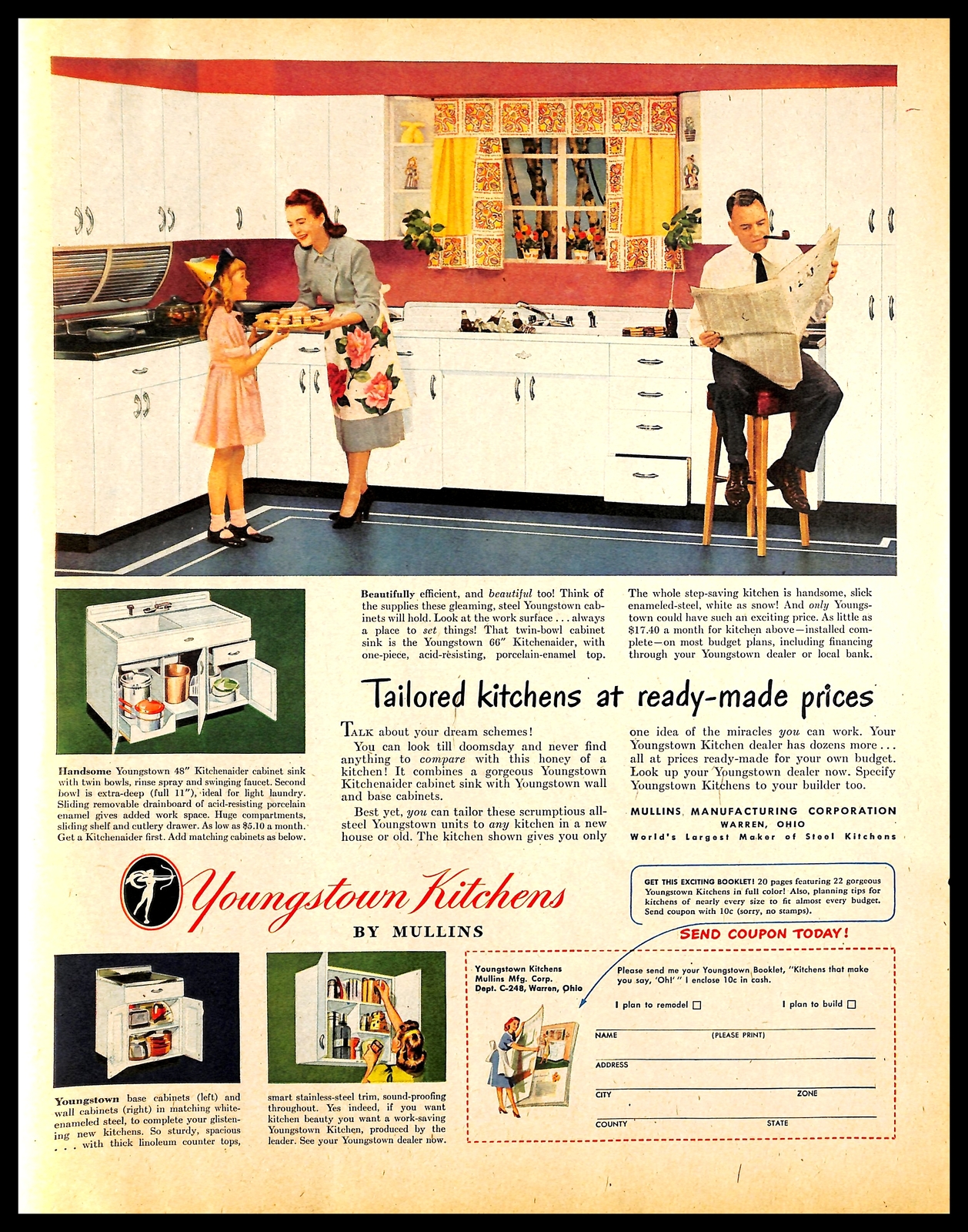 1948 Mullins Youngstown Kitchens Vintage PRINT AD Cabinets Wife Family ...