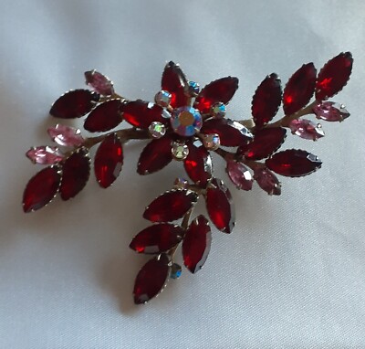 VINTAGE LARGE RED, PINK & AB FLOWER RHINESTONE BROOCH/PIN | eBay