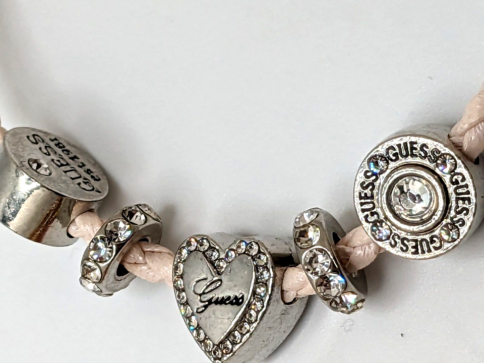 Guess Rhinestones Heart Sliding Charms Pink Faux Leather Bracelet ...