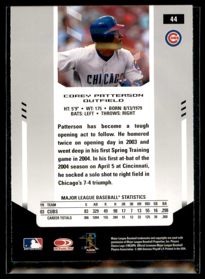 2004 LEAF CERTIFIED MATERIALS COREY PATTERSON CHICAGO CUBS #44 | eBay