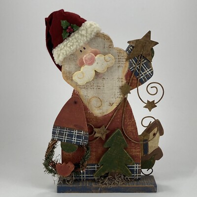 Wooden Craft SANTA CLAUS Standing Jointed Arm w/Star Tree Wreath 18” | eBay
