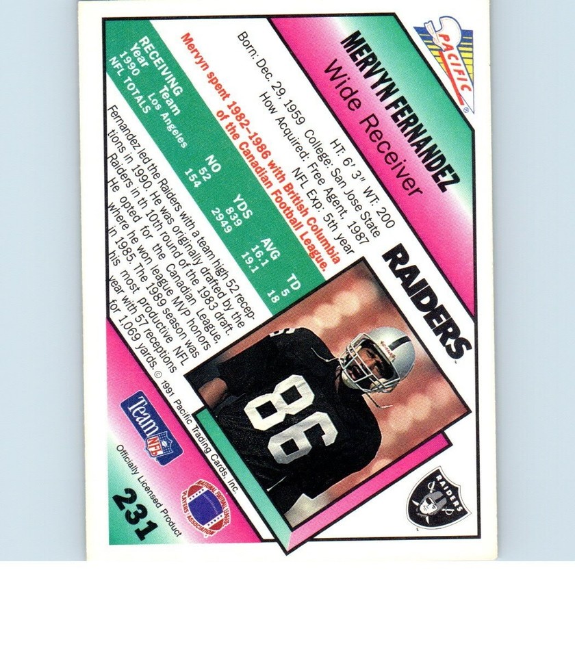 Mervyn Fernandez 231 Raiders 1991 Pacific NFL Football Trading Card | eBay