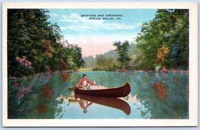 Postcard Spring Mount PA Drifting And Dreaming Woman Rowing Canoe B24 ...