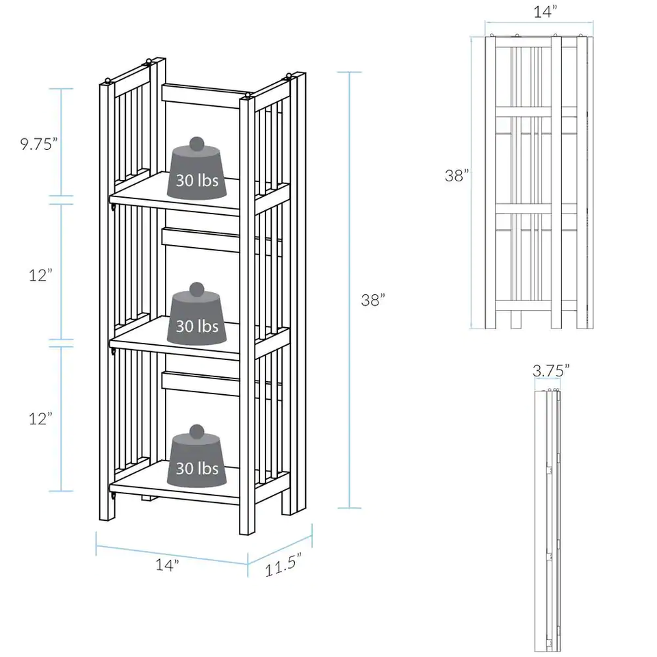Folding Bookcase 3 Shelf Solid Wood 14in White Home Office Stackable ...