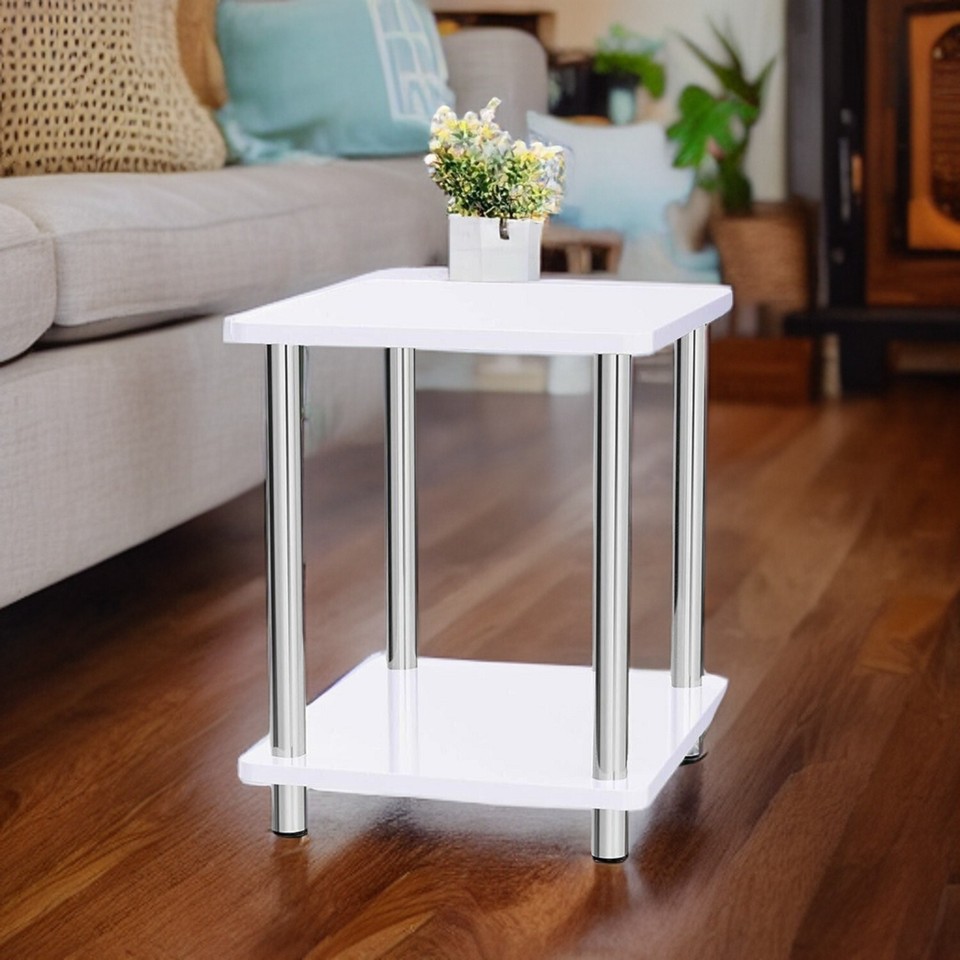 Small 2 Tier White Gloss Finish Side Table with Shelf Bedroom Coffee ...