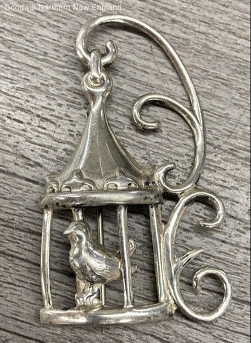 Sterling Silver Vintage Lang Elegant Bird Cage Pin Brooch 2 1/8" x 1 1/ ...